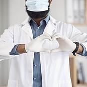 Doctor, hands and heart sign with mask for safety, healthcare and ...