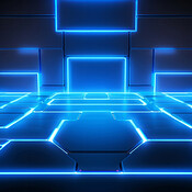Background abstract blue technology box floor cyberspace with glowing ...