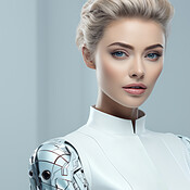 Futuristic android, robot, portrait.Humanoid face on plain grey ...