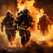Firefighters running with fire in background. Safety, protection, and ...
