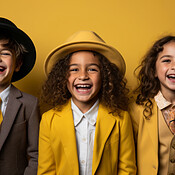 Studio portrait of three cute jewish kids. Against yellow backdrop ...