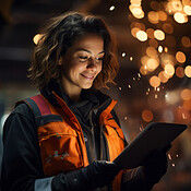 Woman engineer interacting with technology in factory. Empowerment ...