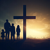 Silhouette, family and Christian cross for praying, religion and ...