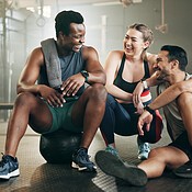 Fitness, group and conversation in gym with confidence, workout and ...