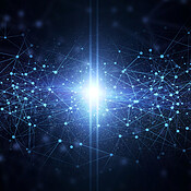 Light, black background and space network with galaxy and pattern ...