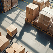 Top-down view: Warehouse with cardboard boxes. Products in distribution ...