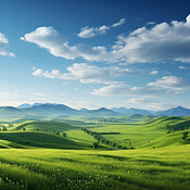 Natural panorama green field with cloudy blue sky. Greenland background ...