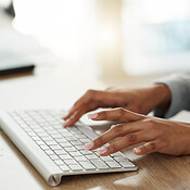 Keyboard, hands and businesswoman in the office typing for legal ...