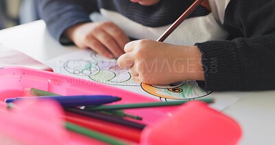 Creative, school and hands of child drawing in a classroom for art ...