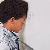 Math class, sad child at board for education, learning and problem ...