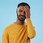 Stress, fail and man in studio with facepalm emoji for stupid mistake ...