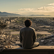 Portrait of man looking over destroyed town. Back to camera. | Buy ...