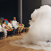 Chemistry, science and smoke with students and classroom with ...