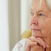 Thinking, anxiety and senior woman with fear, stress or Alzheimer, grief or trauma memory in her ...