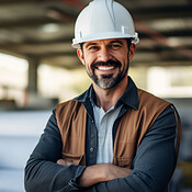 Portrait of smiling civil engineer or professional building constructor ...