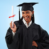 Graduate woman, certificate and portrait in studio with pride, success ...