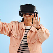 Virtual reality, hands on screen and woman with future technology and ...