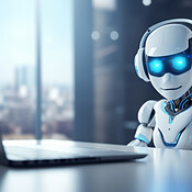 Artificial intelligence robot chatbot with laptop. Robot chatting or ...