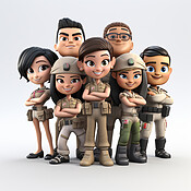 Studio portrait of 3d cartoon characters. Happy cgi people on clear ...