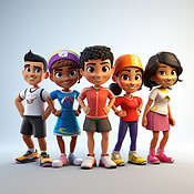Studio portrait of 3d cartoon characters. Happy cgi people on clear ...