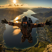 Happy skydiver smiling while floating in air. Sunset or sunrise ...