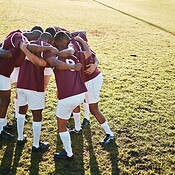 Man, huddle and team on grass field for sports motivation, coordination ...
