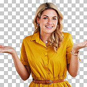 Portrait, shrug and woman with a smile, confused and decision with lady ...
