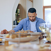 Christian, family and praying at dinner in home with gratitude, thanks ...