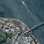 Satellite, map and city with landscape and Earth, water and buildings ...