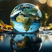 Planet, water and globe in forest for Earth day, environment protection ...