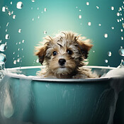 Cute puppy, bath-time excitement, surrounded by bubbles and playful ...