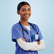 Happy woman, portrait and professional doctor with arms crossed in ...