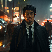 Asian man, night and mafia with city street, spy and mysterious in rain ...