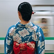 Woman, Japanese train station and kimono traditional dress for ...