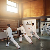Students, bow or sensei in dojo to start aikido practice, discipline or ...