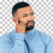 Hands, thinking and confused man in studio with brainstorming, ask or ...
