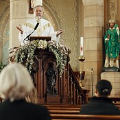 Religion, priest and man preaching in church for sermon, heaven and ...