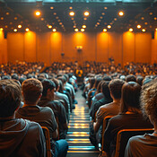 Group, people and seminar in arena, crowd and connection. Silhouette ...
