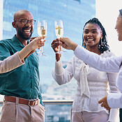 Business people, toast and Champagne for celebration and success with ...