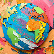 World, globe and collage art made of paper school project, humanity and ...