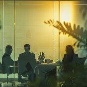 Silhouette, business people and team in meeting for brainstorming, plan ...