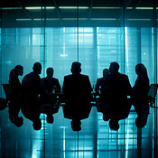 Boardroom, silhouette and communication with discussion, brainstorming ...