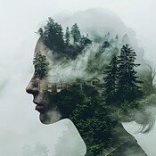 Double exposure, face of woman and forest environment for abstract ...