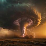 Tornado, storm and lightning with clouds of hurricane in nature ...