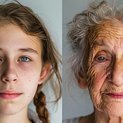 Senior, youth and generation of grandmother, portrait and growth of ...