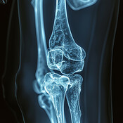 X ray, anatomy and human leg on film, body injury and skeleton and knee ...