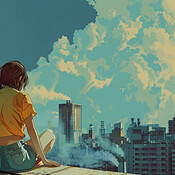 Rooftop, city and cartoon of woman with buildings for view with ...