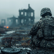 Crisis, war and soldier person on battlefield with back view, damage ...