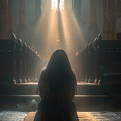 Faith, prayer and woman in church, spiritual and religion with hope ...