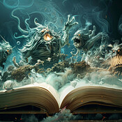 Open, book and fantasy monster story with ideas, imagination and ...